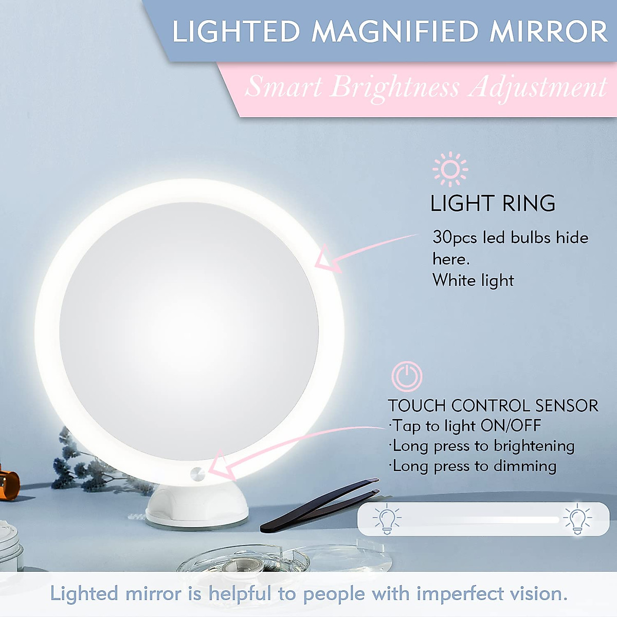 15x Magnifying Mirror with Light & Tweezers - Lighted Makeup Mirror with Strong Magnification for Precise Makeup, Plucking, Lighted Magnified Mirror w/Suction Cup for Bathroom, Dual Power , 8"