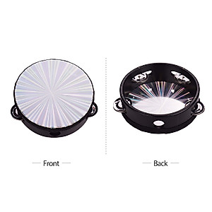 Daerzy 6 Inch Wooden Radiant Tambourine Handbell Hand Drum with Single Row Jingles Reflective Drum Head Percussion Instrument Musical Toy for Adults Kids Dancing Singing Party, Black