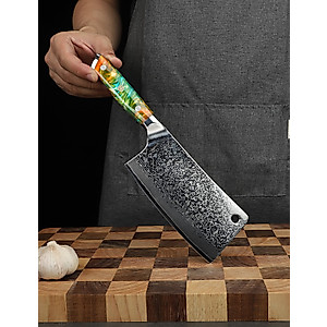 SANMUZUO Chopping Knife - 7 inch Cleaver Knife- Xuan Series - VG10 Damascus Steel Kitchen Knife - Resin Handle (Fantasy Orange)