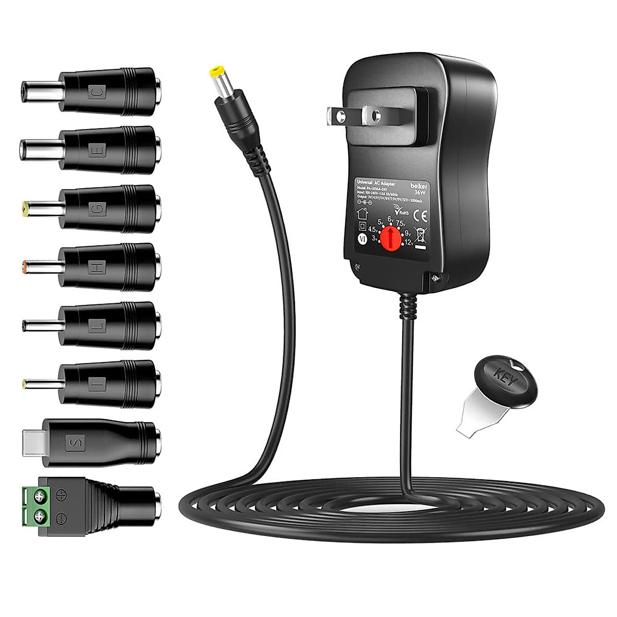 Belker 36W Universal 3V 4.5V 5V 6V 7.5V 9V 12V AC DC Power Adapter Supply for Household Electronics Routers TV Boxes LCD CCTV Cameras - 0.5A 1A 1.5A 2A 2.5A 3A 2500mA Max.