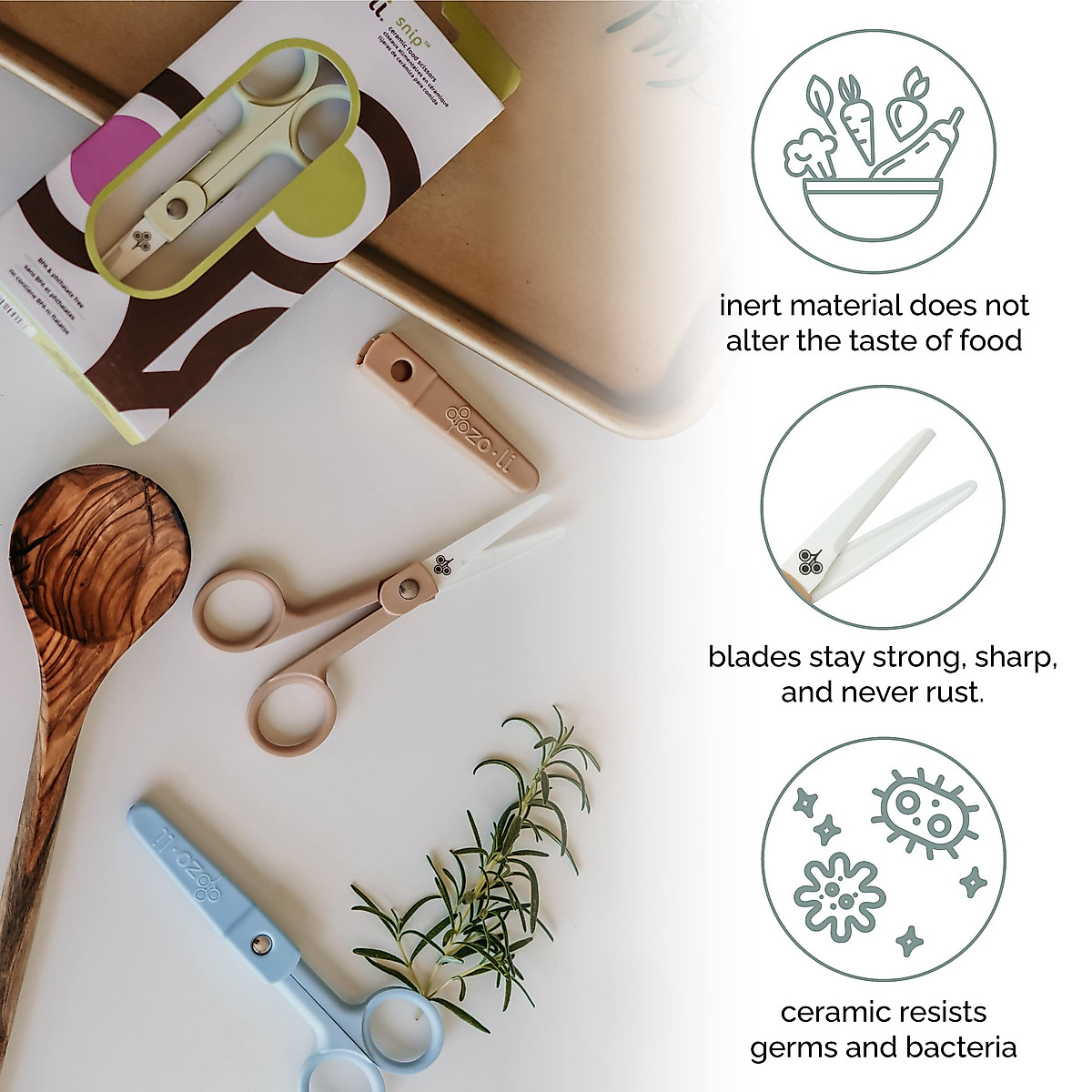 Ceramic food scissors ZoLi SNIP sage green | kitchen scissors, stain-resistant, durable, shears for food, bite-sized toddler food