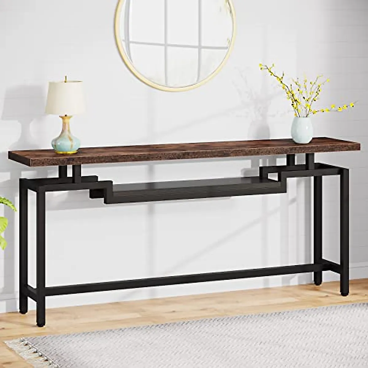 Tribesigns 70 inch Sofa Table, Narrow Long Console Table with 2 Tiers, Industiral TV Console Behind Couch Table with Storage for Entryway, Living Room, Brown & Black