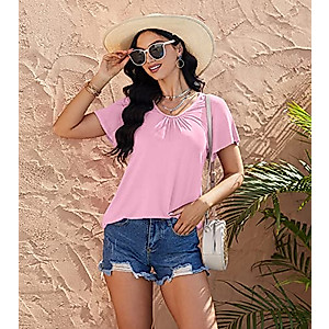 DB MOON Womens 2023 Summer Tops Casual Ruffle Short Sleeve T Shirts Shirred Crewneck Tunic Loose Fit Blouses XL, Pink