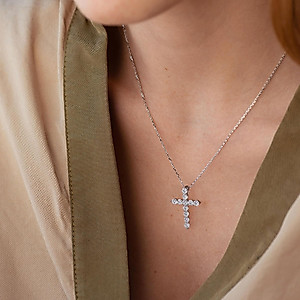 Ladylike 18K Gold Plated Sterling Silver Moissanite Cross Pendant Necklace for Women, with 11 Pieces of 3mm VVS1, D moissanites,Small and Exquisite Necklace,16+2" inches Necklace Chain (Silver)