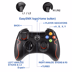 EasySMX PS3 Gaming Controller, Wireless 2.4G Gamepads with Vibration Fire Button Range up to 10m Support PC (Windows XP/7/8/10), Playstation 3, Android, TV Box Portable Gaming Joystick