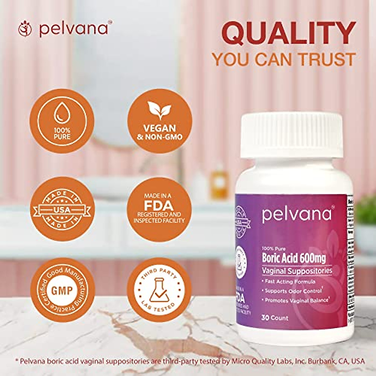 Pelvana Boric Acid Suppositories for Women 30 - for Vaginal pH Balance, Odor Control, Itching, & Discharge - Third-Party Tested & Made in The USA
