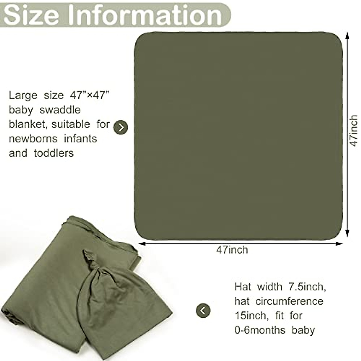 JaGely 2 Pack Baby Newborn Swaddle Blanket and Hat Set Large Stretchy Blankets with Soft Receiving for Boy Girl Essentials, Blue, Army Green, Hat: approx. 38 cm/ 15 inches in circumference