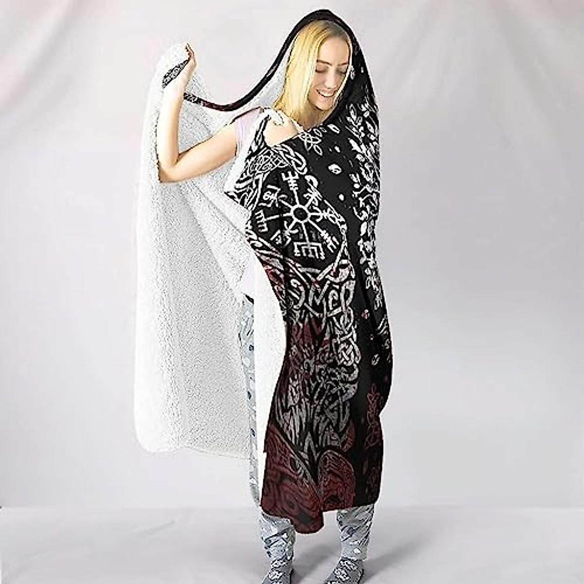 Viking 3D Printing Hooded Blanket Warm Soft Compass Tree Of Life Raven Rune Unisex Winter Wearable Hooded Blanket Double Thick Plush Wool Blanket Cape ( Color : Blanket , Size : 80x60in/150x200cm )