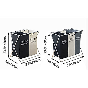 Large Laundry Basket, 2/3 Section Foldable Dirty Clothes Hamper for Laundry, Tall Divided Laundry Sorter with Removable Bag, Modern Collapsible Waterproof Laundry Hamper for Home (Black White)