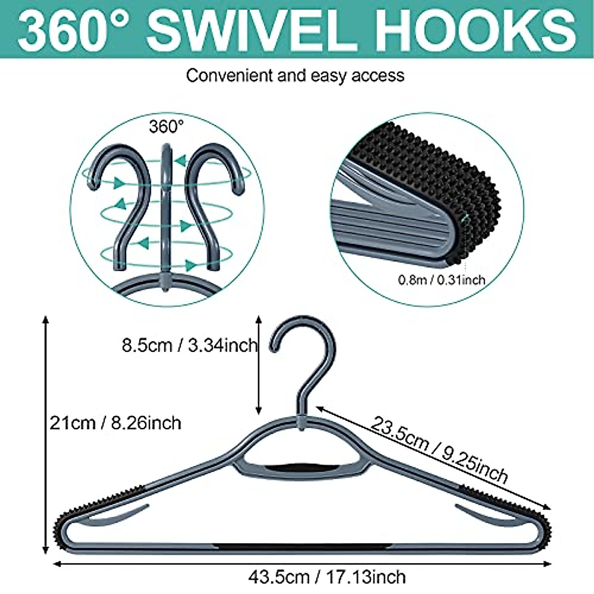 Perfecasa Extra Non Slip Plastic Clothes Hangers 30 Pack, with Sure Grip Rubber, 360 Degree Swivel Hook, Space Saving (Steel Blue/Cool Grey)