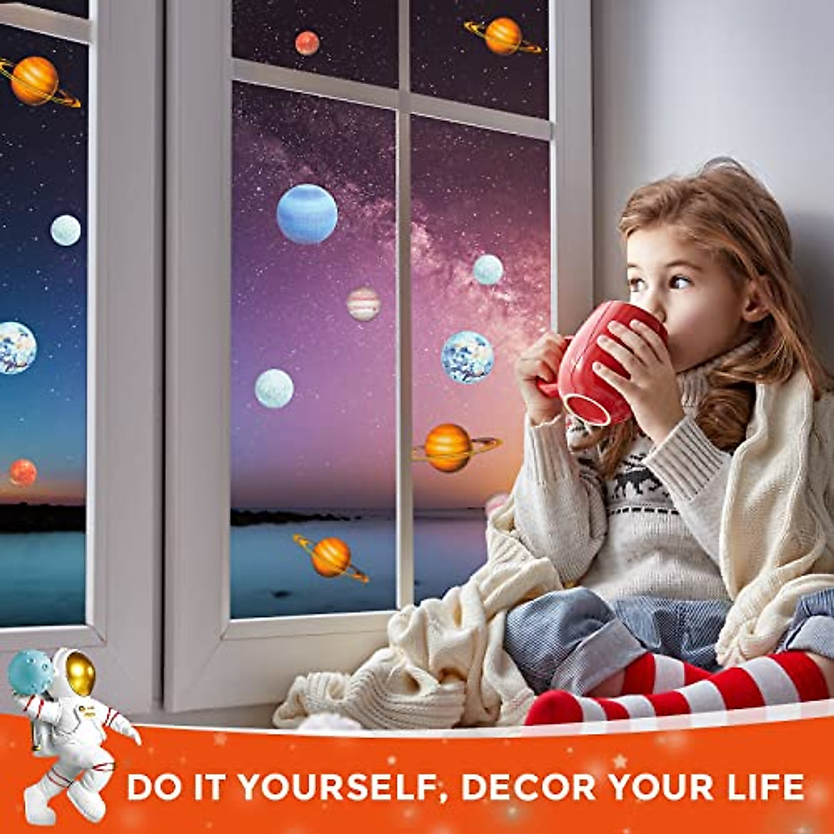 Viseeko Window Privacy Film: Frosted Window Clings Space Planet Pattern Window Decals Static Cling Window Sticker Non-Adhesive for Kids Room Home Office(Purple, 17.5x78.7Inches)
