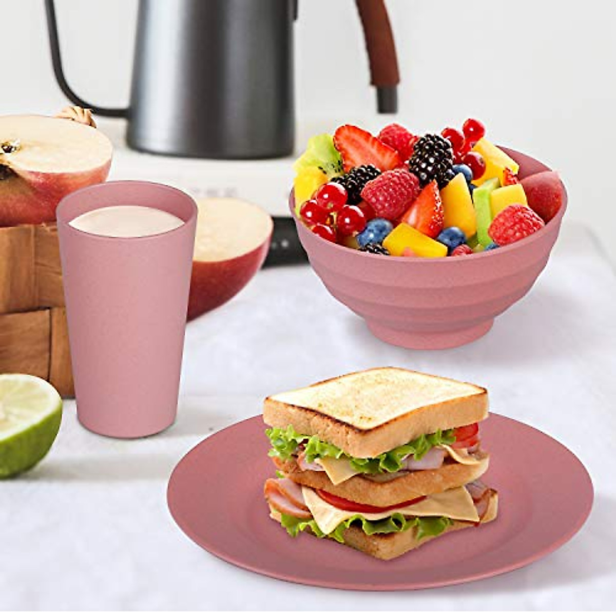 Cainfy Wheat Straw Dinnerware Set for 6, Upgraded Unbreakable Cereal Fruit Soup Rice Bowls Plates Mugs Sets for Outdoor Camping Dishwasher Microwave Safe