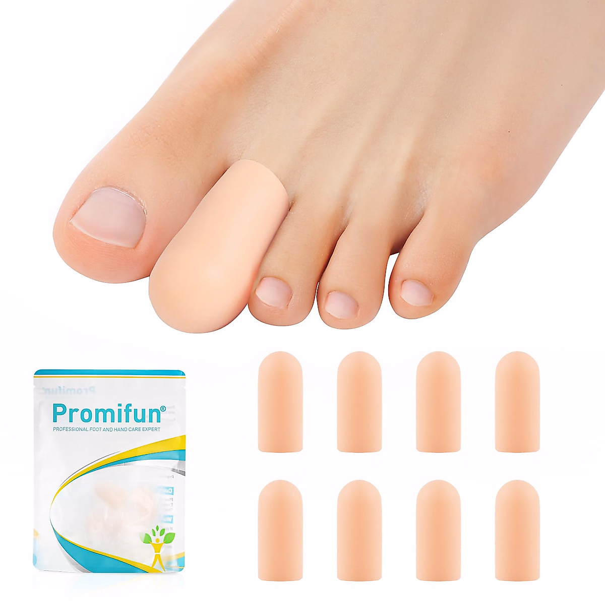 Promifun Silicone Toe Protectors - 4 Paris Gel Toe Sleeves Toe Protectors - Toe Caps with Aloe Vera Essential Oils - Toe Cushions for Pain Relief, Toe Protection for Corns, Calluses (4M)