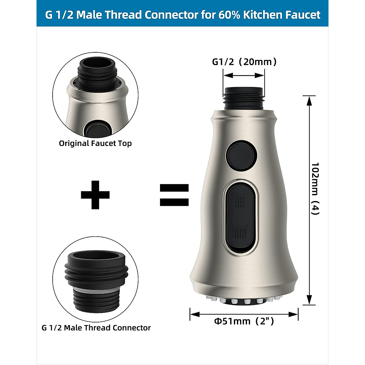 Hygie Rinse Pull Down Faucet Head Replacement with 9 Adapters Compatible with Moen Delta Faucet Head, 3 Function Kitchen Sink Faucet Sprayer Head Fit Most Faucet, Brushed Nickel