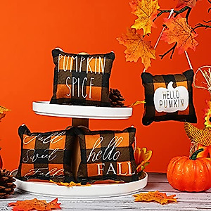 4 Pieces Christmas Mini Pillows Decorations Buffalo Plaid Pillow Plaid Mini Throw Pillow Tiered Tray Decor Home Living Room Bedroom Thanksgiving Party Fall Decor for Tiered Tray(Orange and Black)