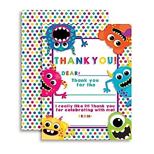 Cute & Colorful Monsters Thank You Notes for Kids, Ten 4" x 5.5" Fill In The Blank Cards with 10 White Envelopes by AmandaCreation