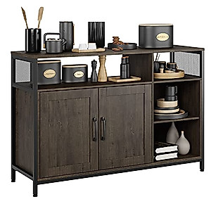 HITHOS Kitchen Wood Floor Cabinet, Accent Sideboard Buffet with Storage, Doors and Shelves, Industrial Living Room Dining Room Furniture, Dark Brown