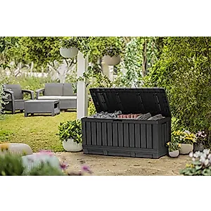 Keter Kentwood 90 Gallon Resin Deck Box-Organization and Storage for Patio Furniture Outdoor Cushions, Throw Pillows, Garden Tools and Pool Toys, Graphite