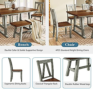 6 Piece Kitchen Dining Table Set, Wooden Rectangular Table and 4 Dining Chairs and 1 Bench Family Furniture for 6 Persons, Farmhouse Style (Walnut+Gray)