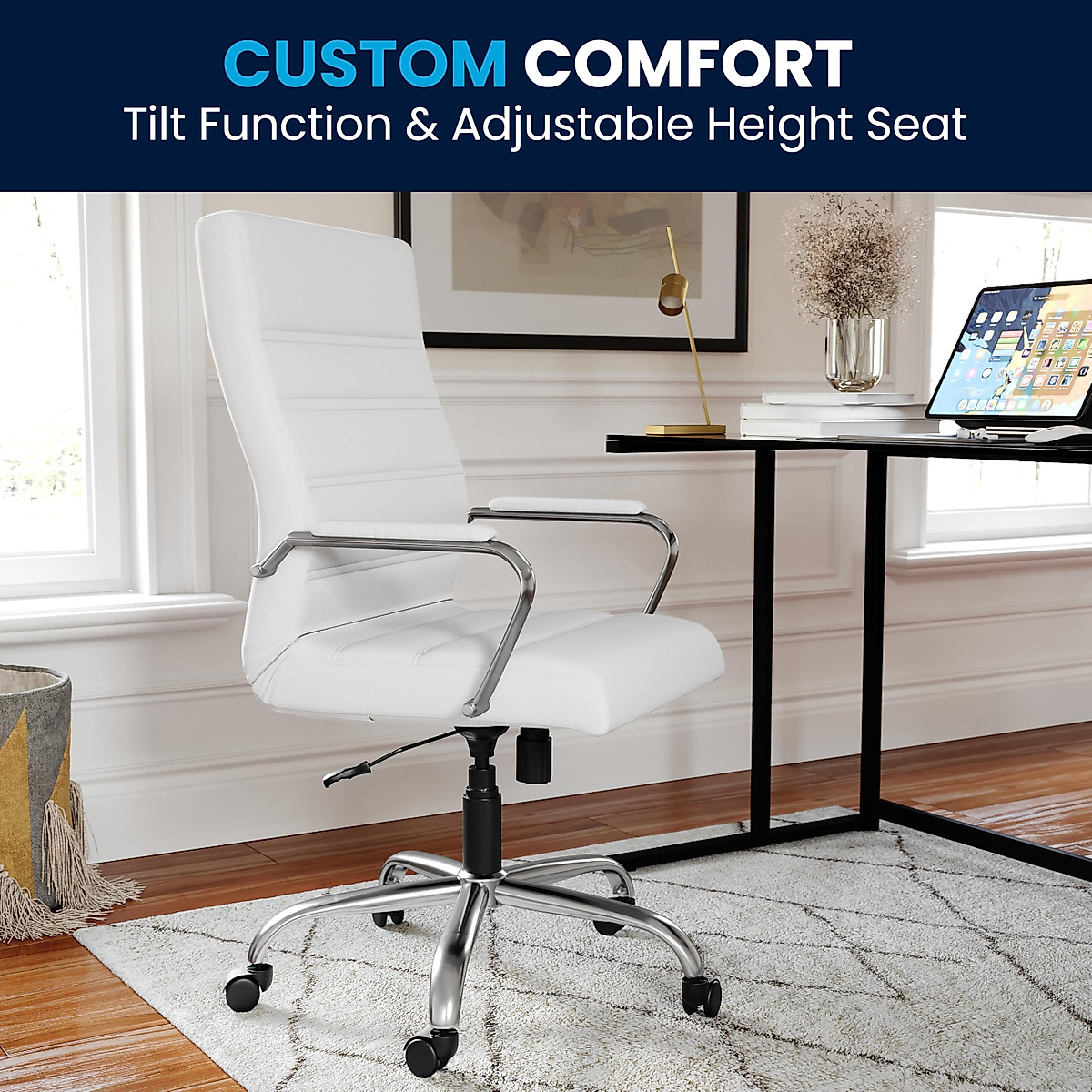 Flash Furniture Whitney High Back Desk Chair - White LeatherSoft Executive Swivel Office Chair with Chrome Frame - Swivel Arm Chair