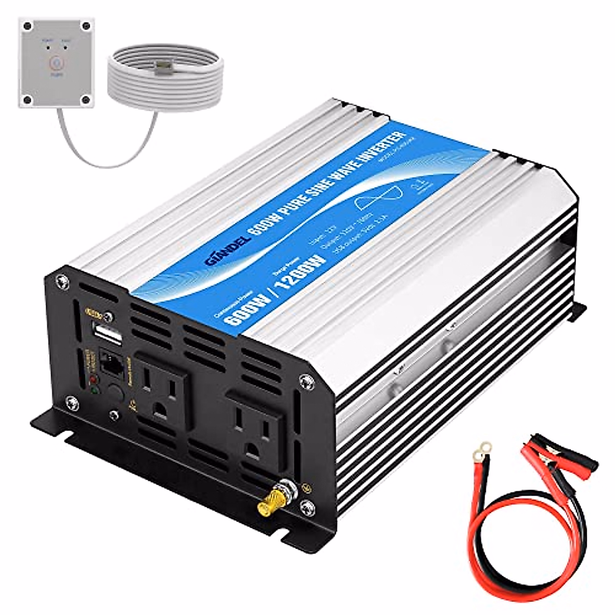 GIANDEL Power Inverter Pure Sine Wave 600Watt 12V DC to 120V AC with Remote Control Dual AC Outlets ETL Listed UL458 Standard for Small Solar System Outdoor Emergency