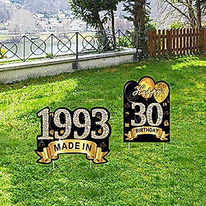 2Pcs Black Gold 30th Birthday Yard Sign Decorations for Men Women, Happy 30 Birthday Made in 1993 Lawn Sign Party Supplies, Thirty Birthday Outdoor Lawn Decor with Stakes