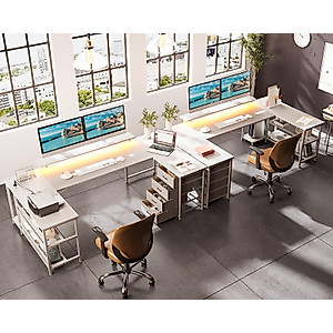 ODK U Shaped Desk with Power Outlets & LED Strip & Monitor Stand, 66" Reversible L Shaped Desk with Drawers and Storage Shelf, Home Office Gaming Desk, All White