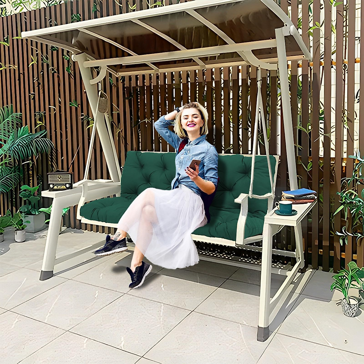 Porch Swing Cushions Outdoor 60 inch Waterproof Swing Cushions Replacement with Backrest and Ties Bench Swing Cushion for Outdoor Furniture Patio Backyard Garden(Red White Stripes-60x40x5inch)