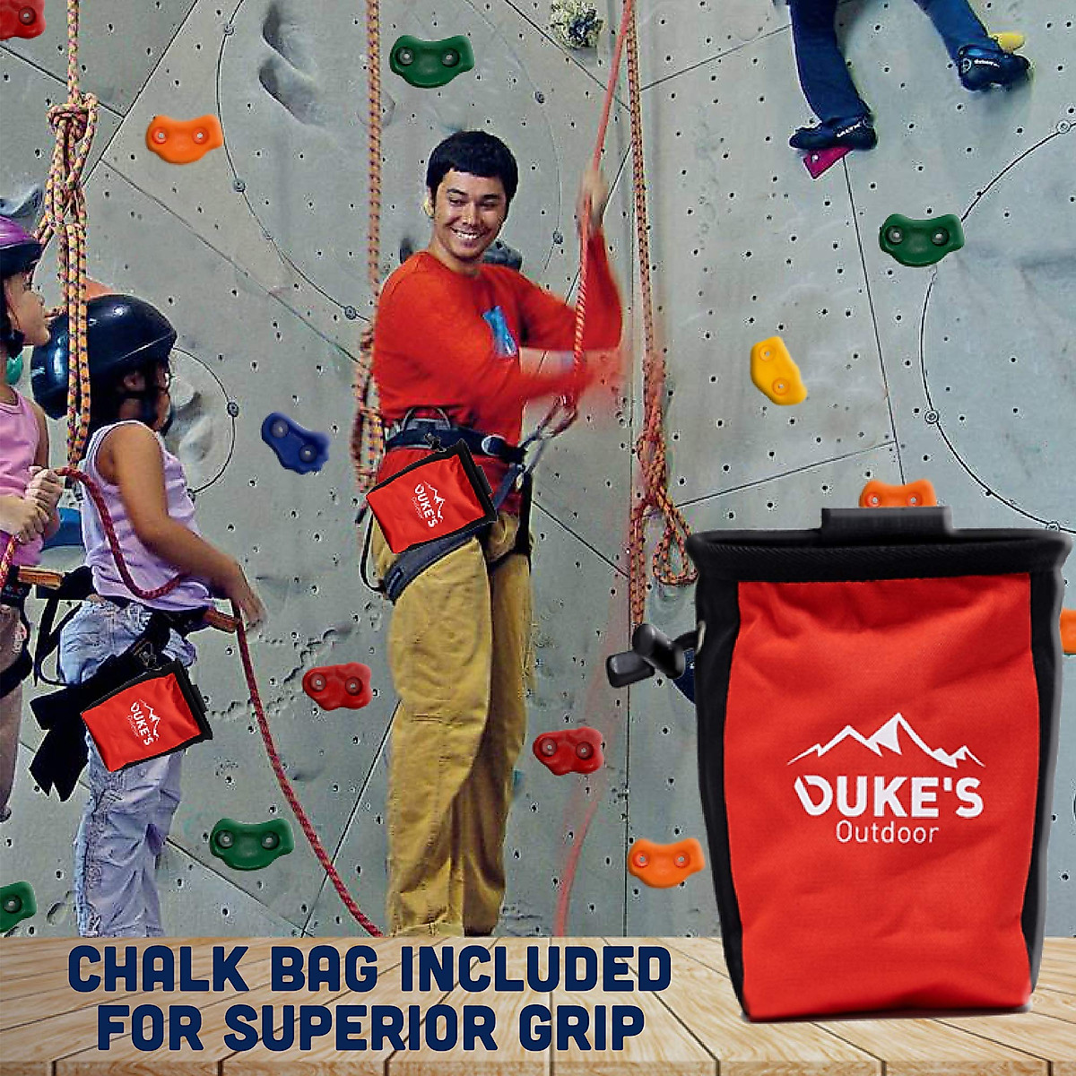 Duke's Outdoor Rock Climbing Holds Set for Kids - 25 Rock Climbing Wall Grips for Indoor & Outdoor Play Set, 8 Foot Knotted Climbing Rope, Chalk Bag & 3 DIY Videos