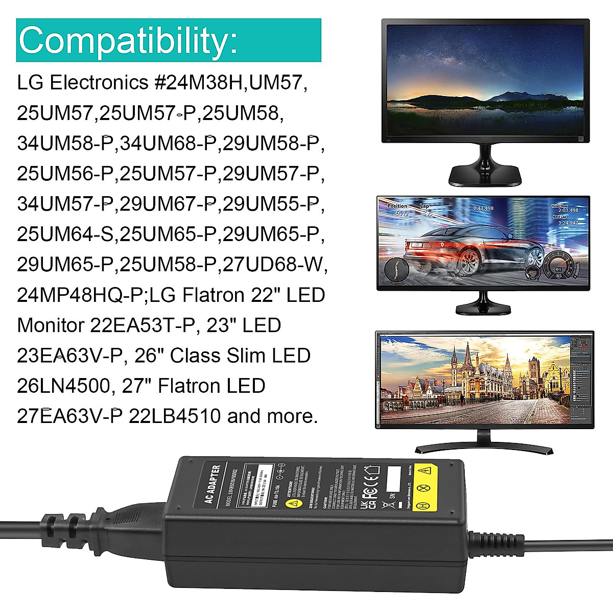 Fancy Buying 65W 19V 3.16A Replacement Charger Adapter for LG LED LCD Monitor Widescreen HDTV, Power Cord for LG Electronics 19” 20” 22” 23” 24” 27” Power Supply, 19V, AC, DC,8Ft.