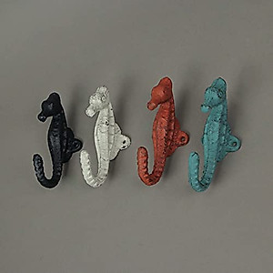Zeckos Set of 4 Blue, White, and Coral Coastal Cast Iron Seahorse Decorative Wall Hooks Nautical Décor 5 Inches High