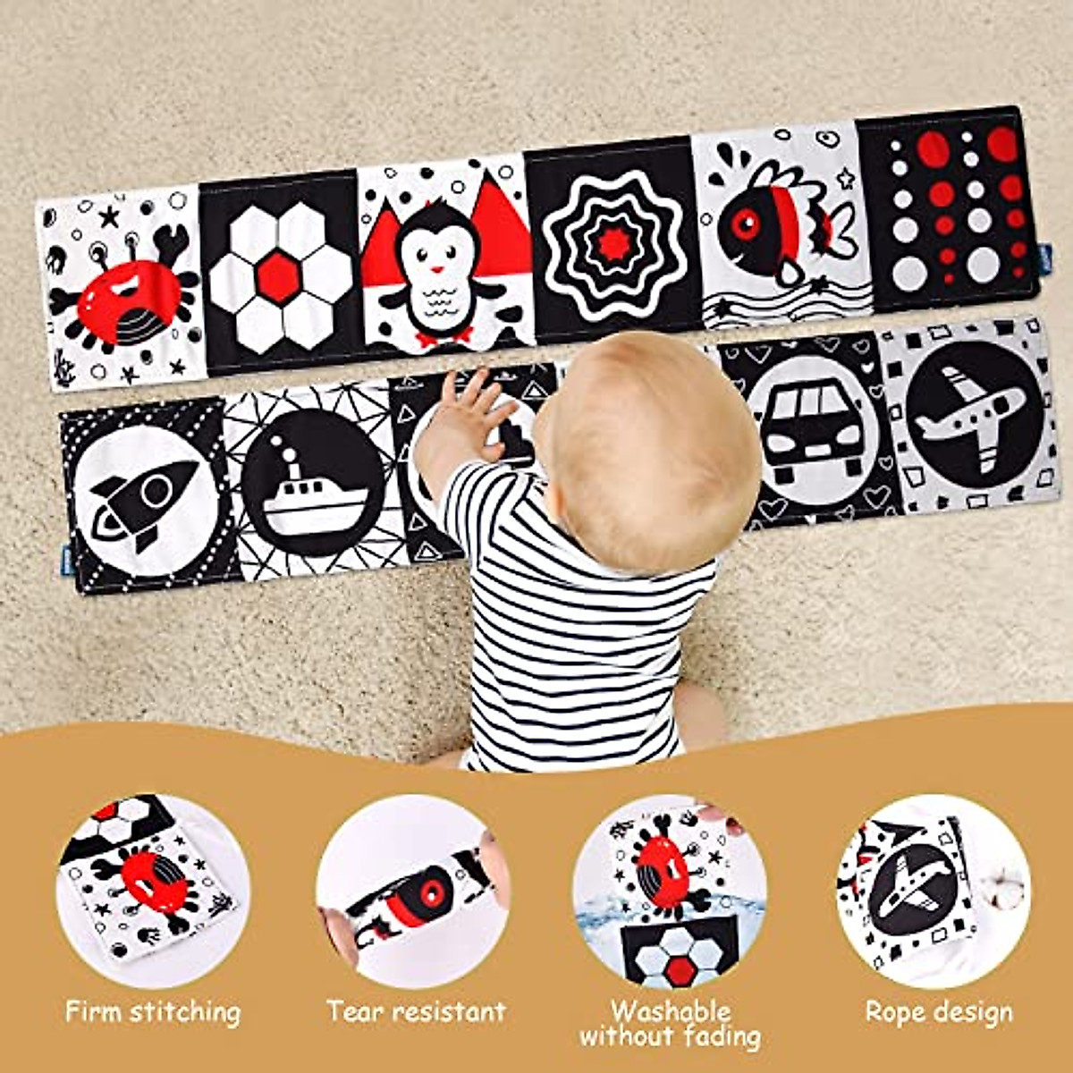 Vicloon Black and White Baby Toys, High Contrast Baby Book for Newborn 0-3 3-6 Months, Infant Tummy Time Toys, Early Education Sensory Toys, Visual Stimulation Folding Cloth Book for Boys Girls