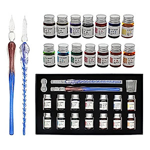 XIAOYU Glass Dip Pen Set, 18 Pieces Calligraphy Pens Set - 14 Color Inks, Pen Holder, Cleaning Cup, 2 Crystal Glass Pens for Art, Writing, Drawing, Signatures