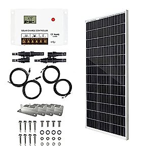 HQST 100W 12V Monocrystalline Solar Panel Kit w/ 30A PWM LCD Solar Charge Controller, 20Ft 12AWG Panel and Controller Connector Cables, Z-Brackets, 8Ft 10AWG Controller and Battery Connector Cables