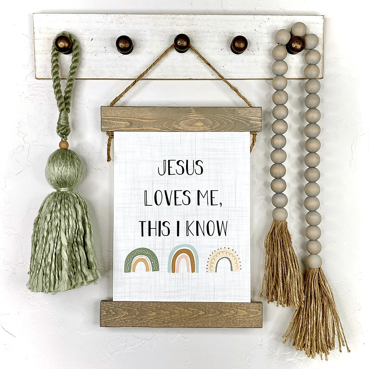 Kingdom Quality Jesus Loves Me This I Know Hanging Canvas - Give Me Jesus, Ten Commandments for Kids, Boho Rainbow Nursery Decor