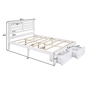 SOFTSEA Full Platform Bed Frame with Drawers, Full Size Bed with Headboard/Slat Support/Mattress Foundation for Kids Teen, No Box Spring Needed (Full, White)