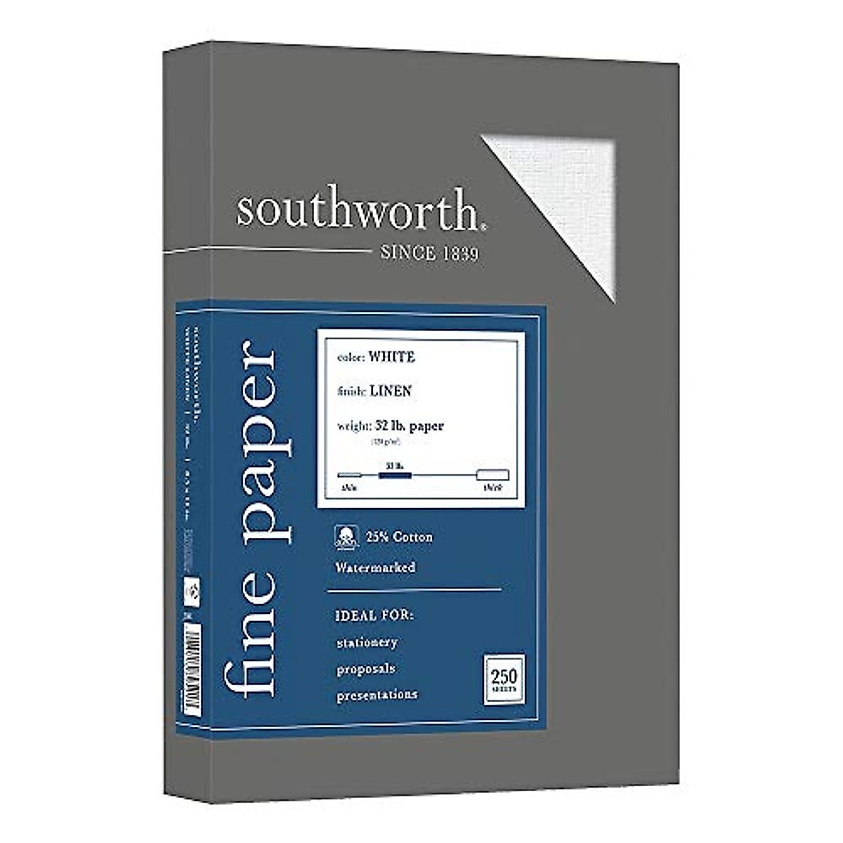 Southworth 25% Cotton Business Paper, 8.5” x 11”, 32 lb/120 GSM, Linen Finish, White, 250 Sheets - Packaging May Vary (J558C)
