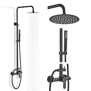MOSSON Shower System Matte Black Outdoor Shower Faucet Set with 8" Rain Shower Head Handheld Sprayer Single Handle Stainless Steel Wall Mounted Shower Fixtures for Bathroom or Backyard