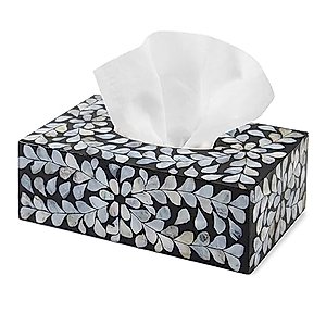 PEMAR Rectangular Mother of Pearl Lacquer Nacre Wood Tissue Box Capiz Shell Handmade Rectangle Tissue Box Cover Holder Decorative Napkin Dispenser Organizer Rustic Farmhouse Vintage Decor (Black)