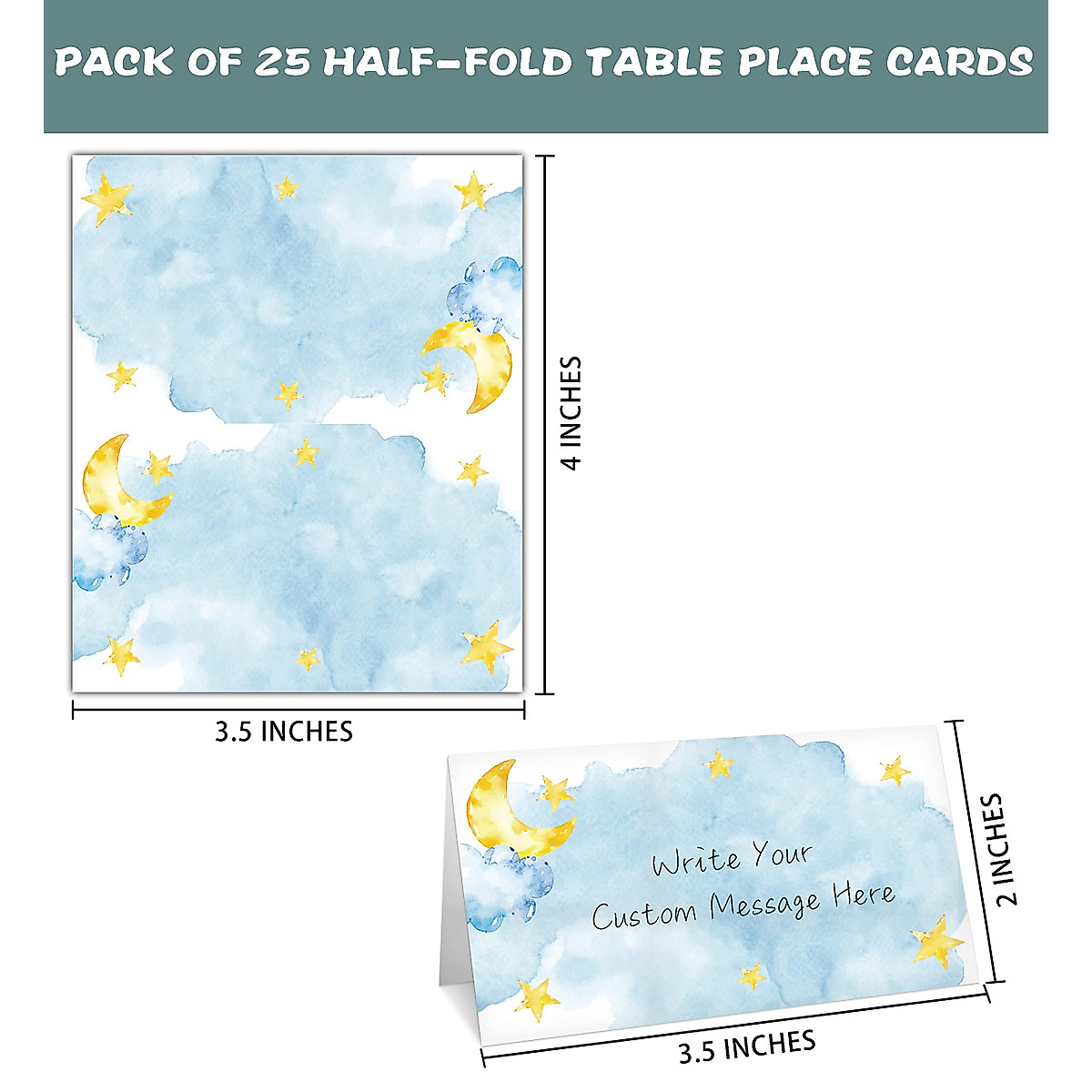 Table Place Card for Baby Shower, 25 Pcs Tent Cards Set with Moon and Stars Design, Editable Name Cards for Table Seating, Sleepover Party Food Lables, Twinkle Little Star Baby Shower Decorations(07)