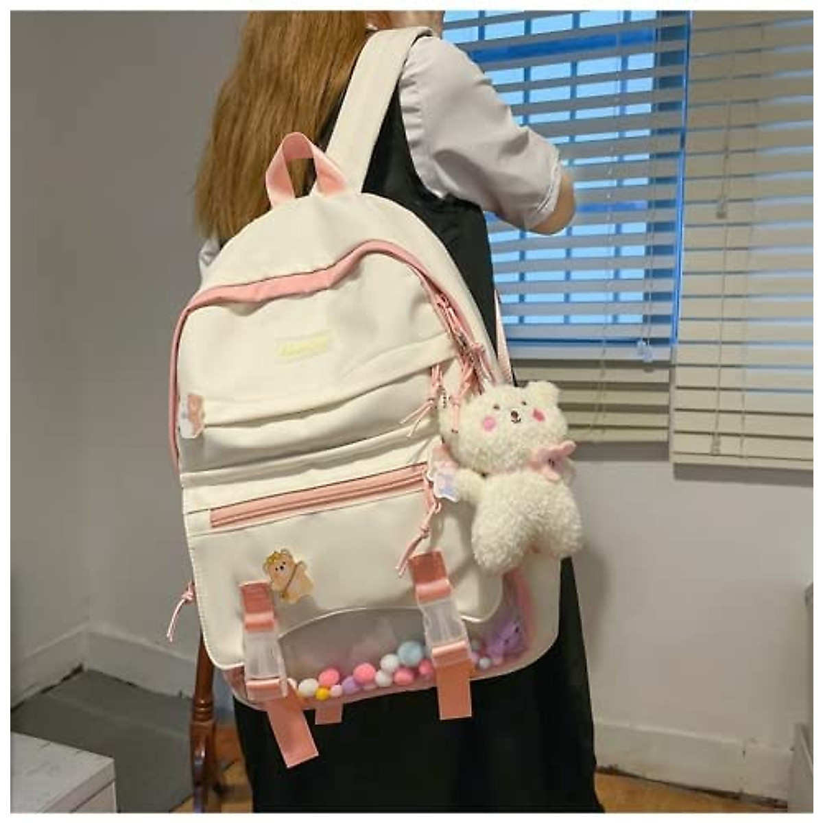 Aoakva Indie Backpack School Japanese Asthetic Backpack INS Travel Bag Large Capacity Kawaii Backpack Prime with Free Plush Bear Pendant (white)