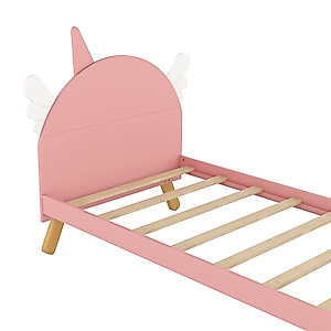 Lifeand Twin Size Bed with Shelf Behind Headboard,Wooden Cute Platform Bed with Curved Headboard,Pink