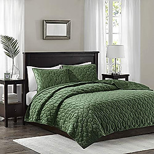 Madison Park Harper Quilt Set Velvet Casual Geometric Stitching Design All Season, Lightweight Coverlet, Cozy Bedding, Matching Shams, Full/Queen(90"x90"), Green 3 Piece