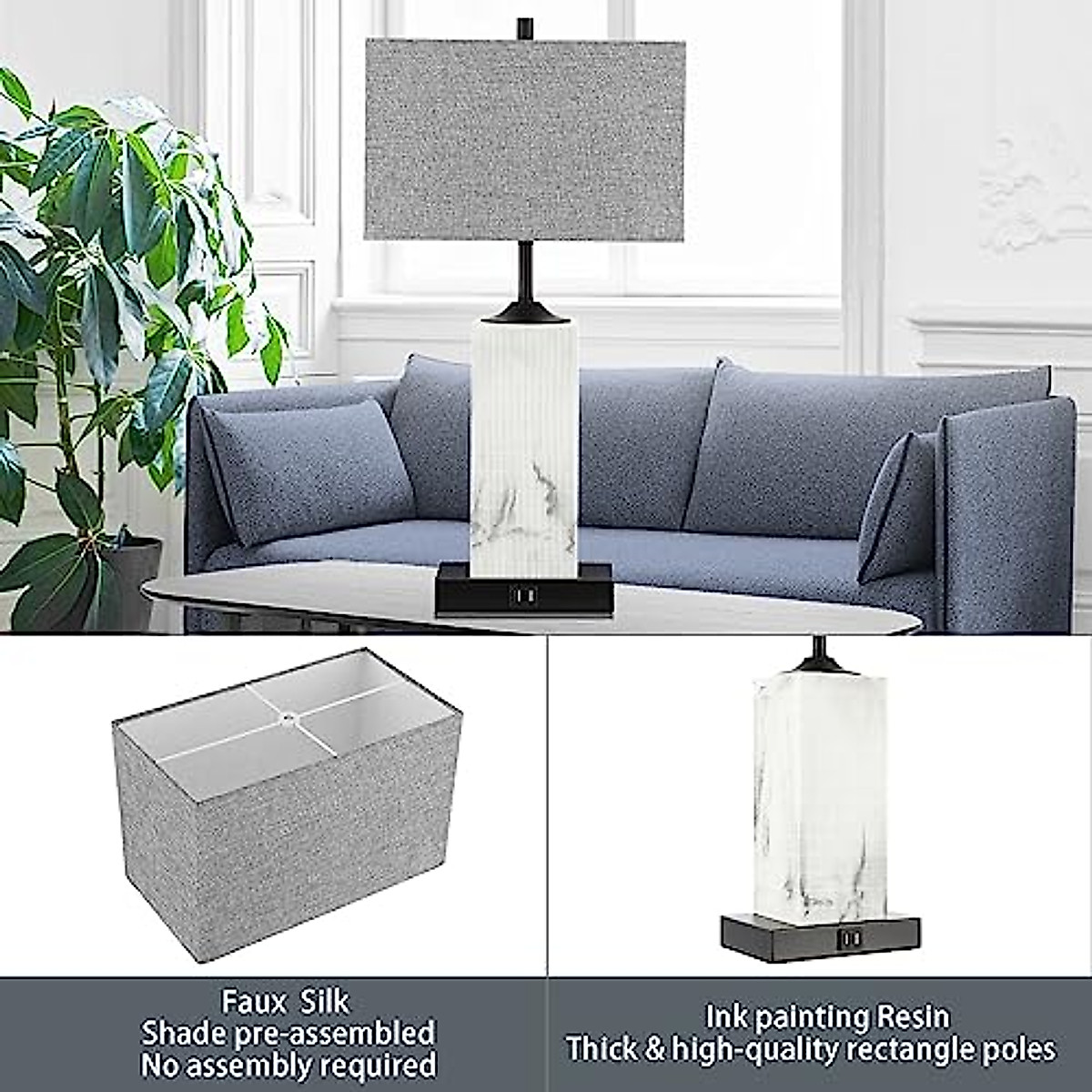TUUANA Table Lamps for Living Room Set of 2, Modern Bedside Lamps with 2 USB Ports for Bedroom Nightstand, Large End Table Lamps with Grey Fabric Shades for Office Dorm Hotel, Imitation Marble Finish