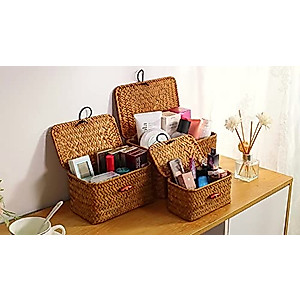 FEILANDUO Shelf Baskets with Lid Set of 3 Handwoven Seagrass Storage Box Wicker Basket Desktop Makeup Organizer Multipurpose Container (Original (S/M/L)