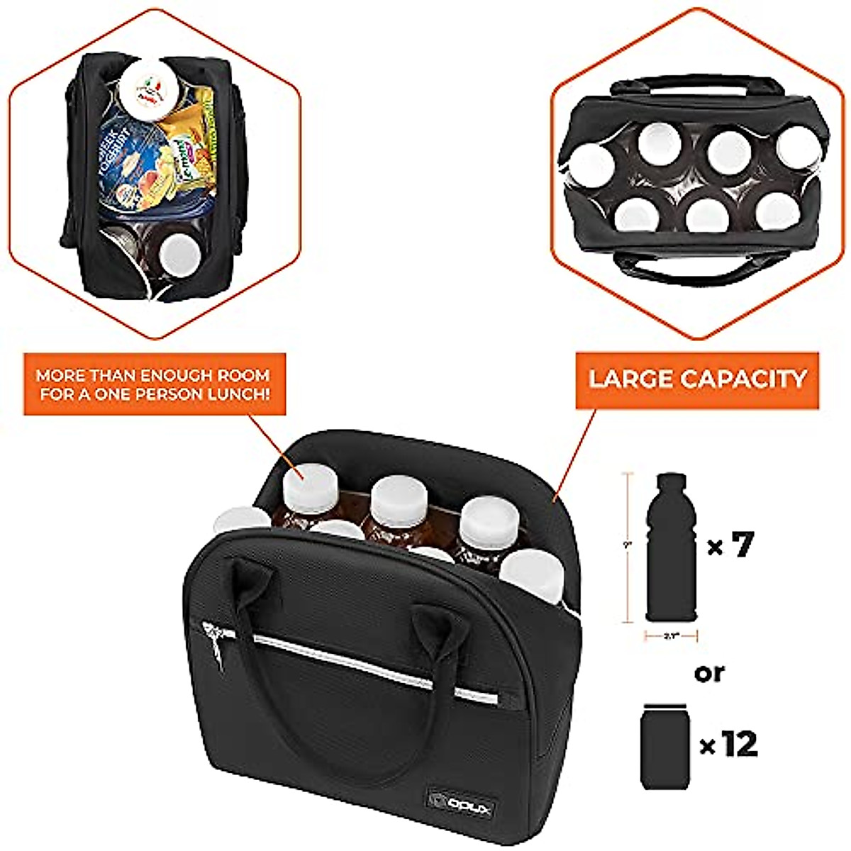 OPUX Insulated Lunch Box for Women | Lunch Bags for Women, Girls, Teens | Cute Black Reusable Thermal Lunch Tote Purse Cooler for Kids, School, Work, Office, Adult | Fits 12 Cans (Black)