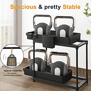 Sevenblue 2 Pack Double Sliding Under Sink Organizers and Storage, 2 Tier Under Bathroom Cabinet Shelf Organizer with Hooks Hanging Cup, Home Organization, Black