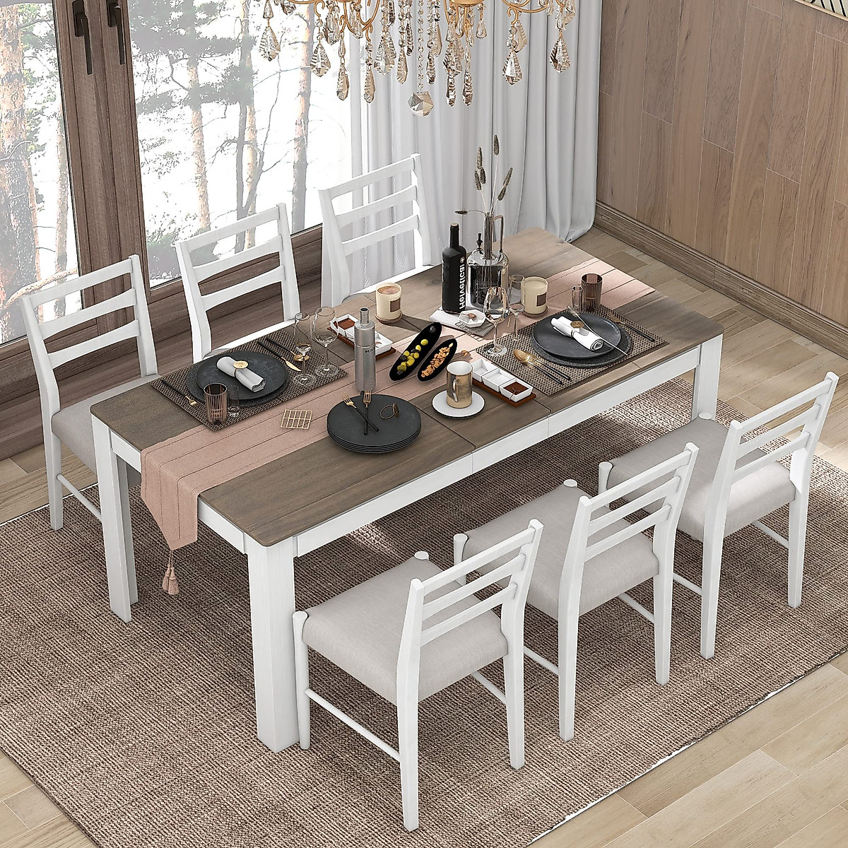 LUMISOL Extendable Kitchen Table Set with Chairs for 6 Persons, Wood Dining Room Table Set with Extendable Table with Storage Drawers, 7 Piece Dining Furniture Set, Brown + White