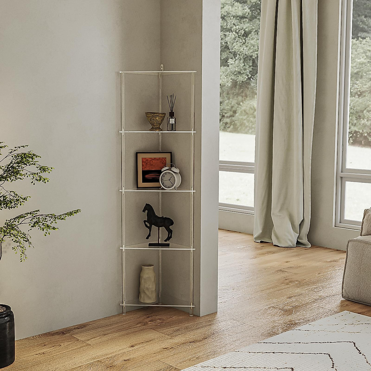 Elgaf Acrylic 5-Tier Corner Shelf Stand - 11.7'' W Corner Display Shelves Storage Shelf for Collectibles, Plants, Books, 11.7’’ D x 11.7'' W x 53.3'' H, Triangle, Clear