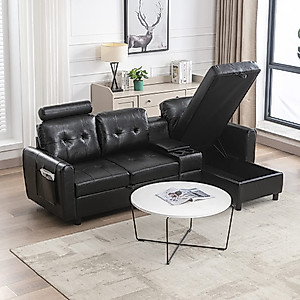P PURLOVE L Shaped Sectional Sofa Couch,Modern Faux Leather Living Room Sofa, Modular 3 Seat Sofa Sectional with Storage and Cupholder for Apartment Office,(Black PU)